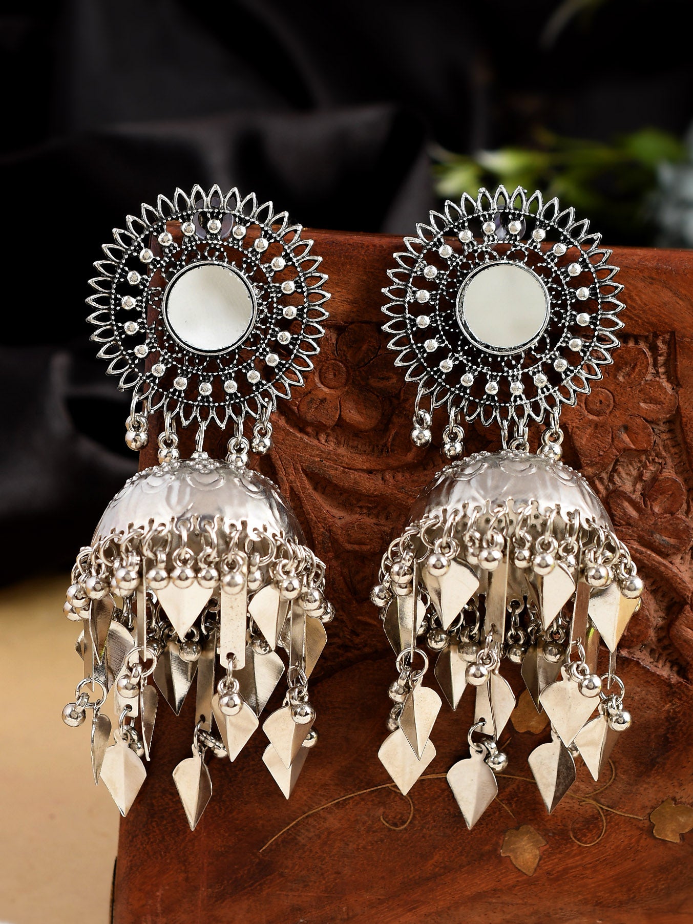 Silver Toned Oxidised Mirror Jhumkas